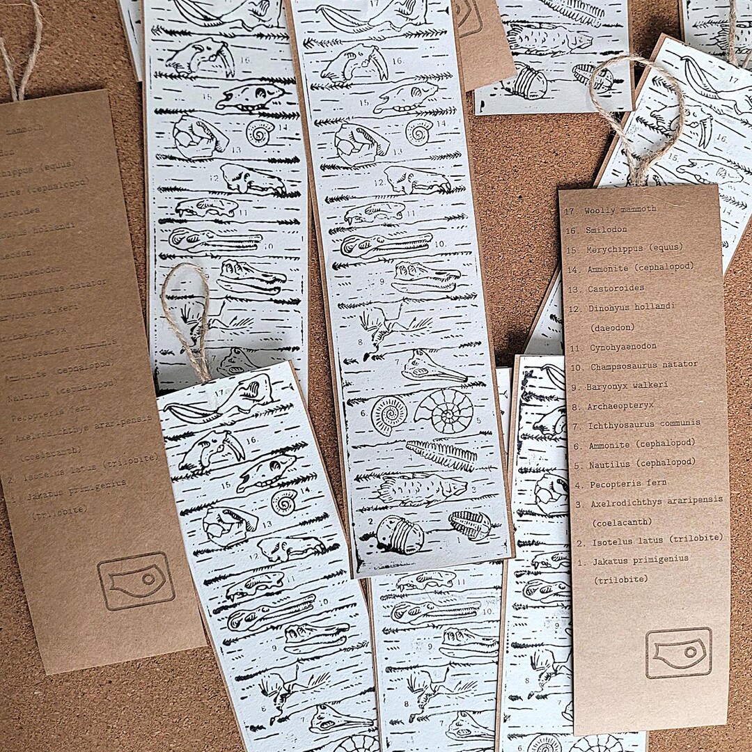 Fossil Bookmark | Dinosaur Lino Print | by Archaeological Periods - Etsy