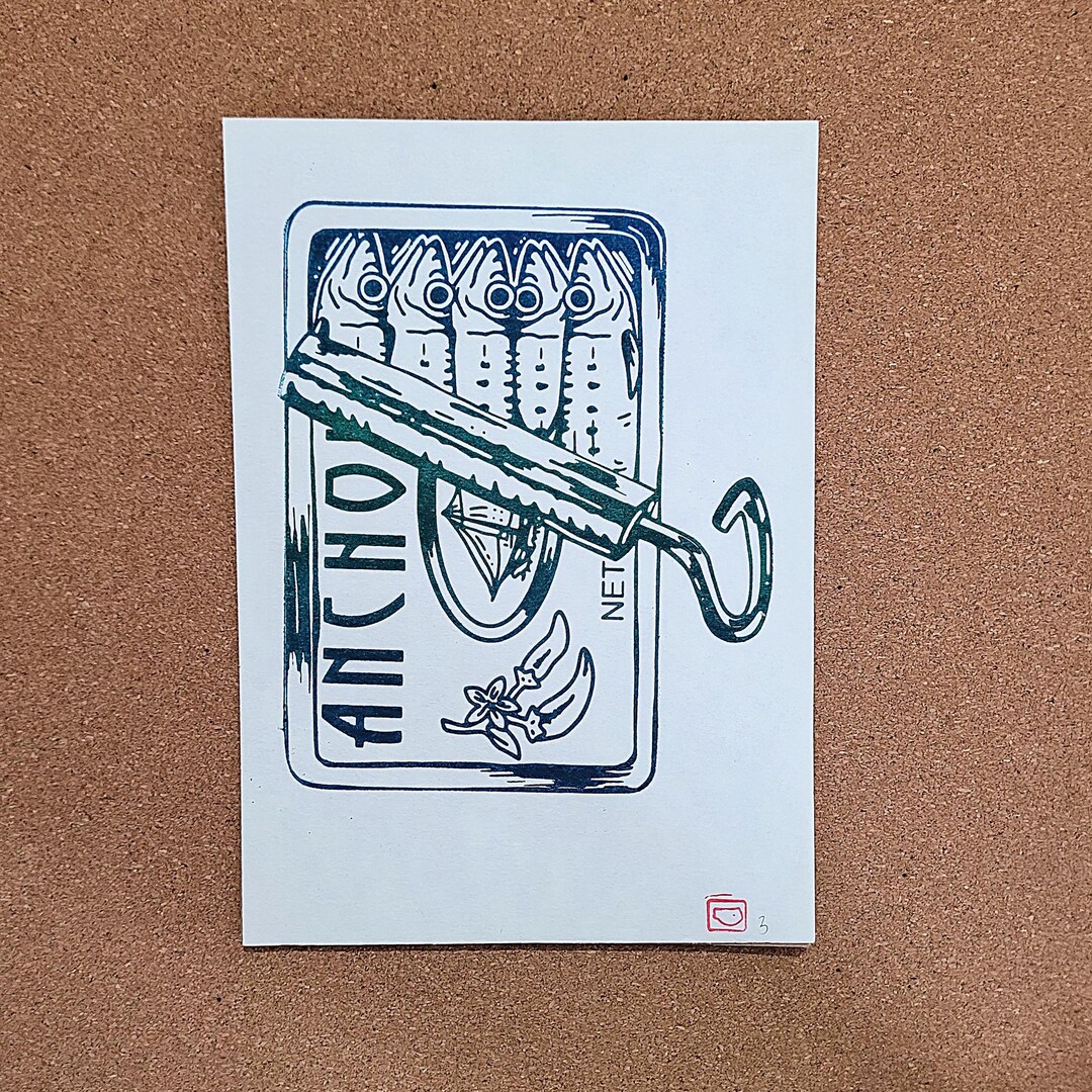 Anchovy Tin Block Print A5 | Fish Print - Etsy