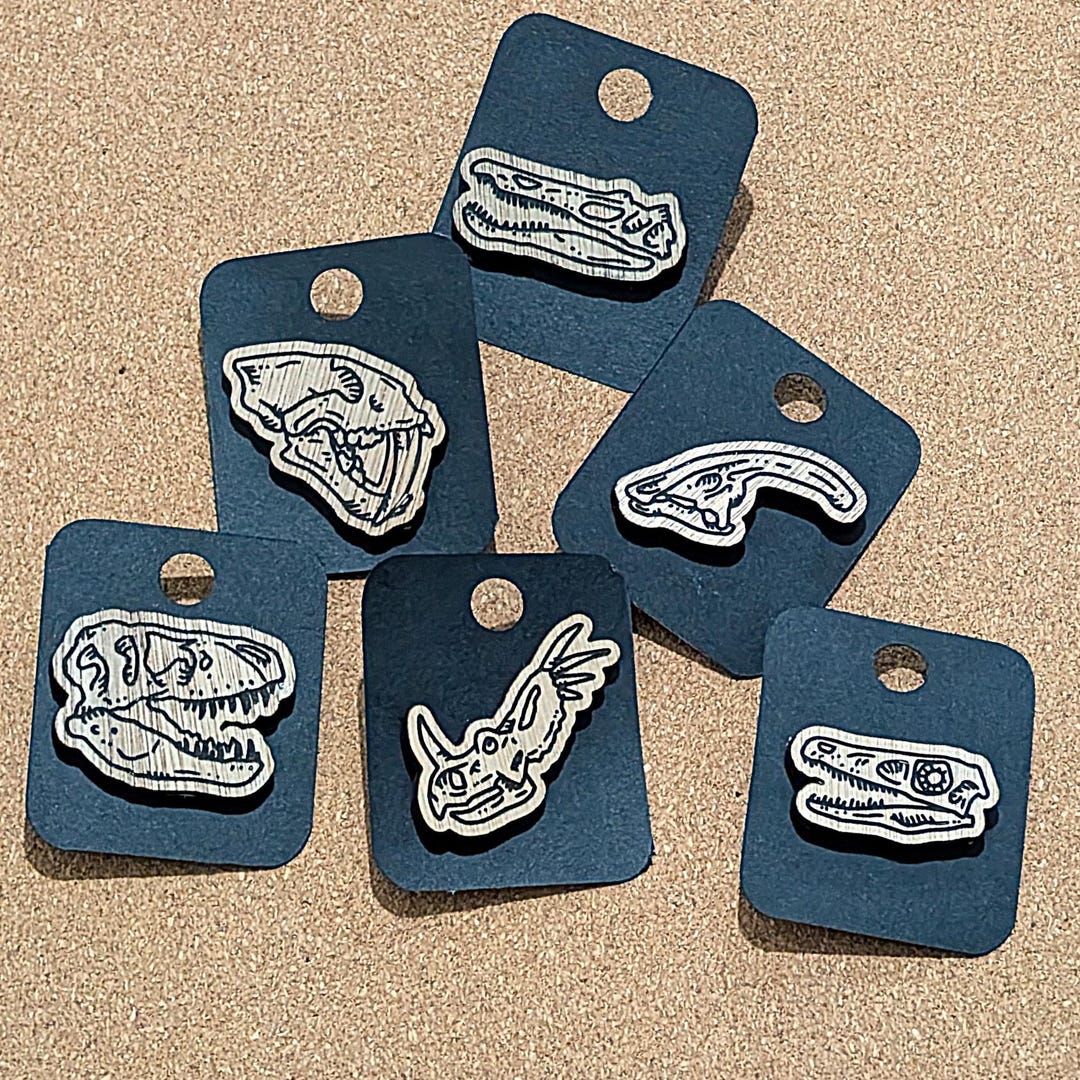 Dino Skull Pin Badges | T-rex, Baryonyx, Smilodon, Parasaur ...