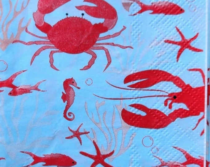 4x Red and Blue Sea Life Paper Napkin for Decoupage Red Lobsters on a ...