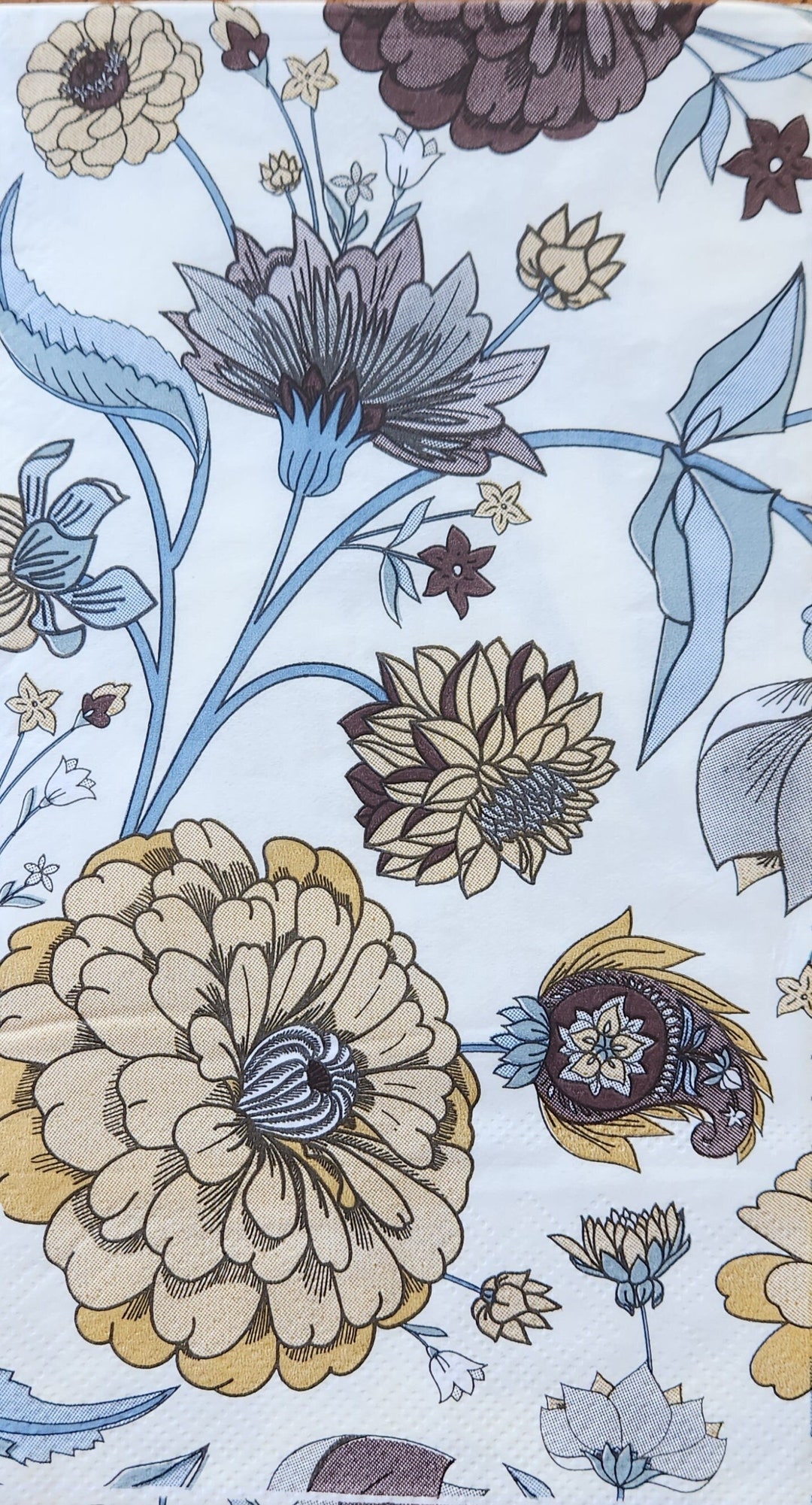 4x Tan Brown and Blue Floral Pattern Paper Dinner Napkin for Decoupage ...