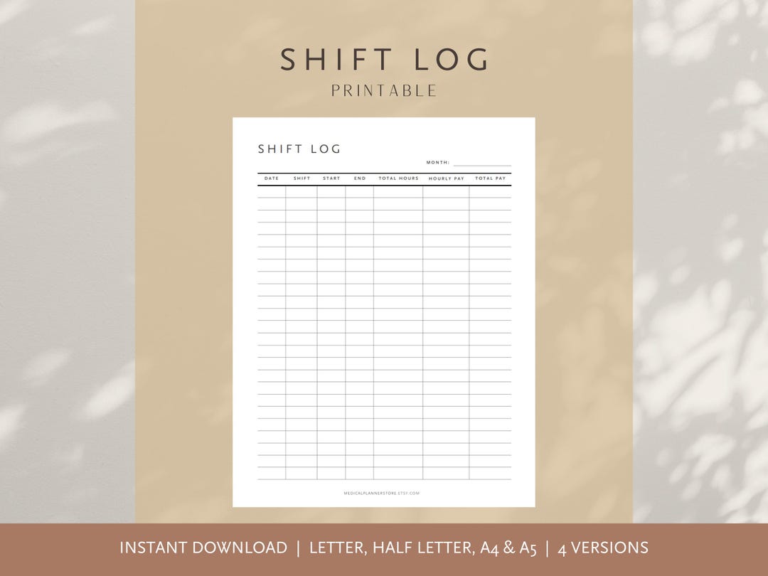 Shift Log Printable Template Nurse Doctor Work Schedule Tracker Work ...