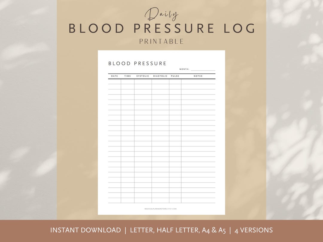 Printable Blood Pressure Log Daily Blood Pressure Tracker Hypertension ...
