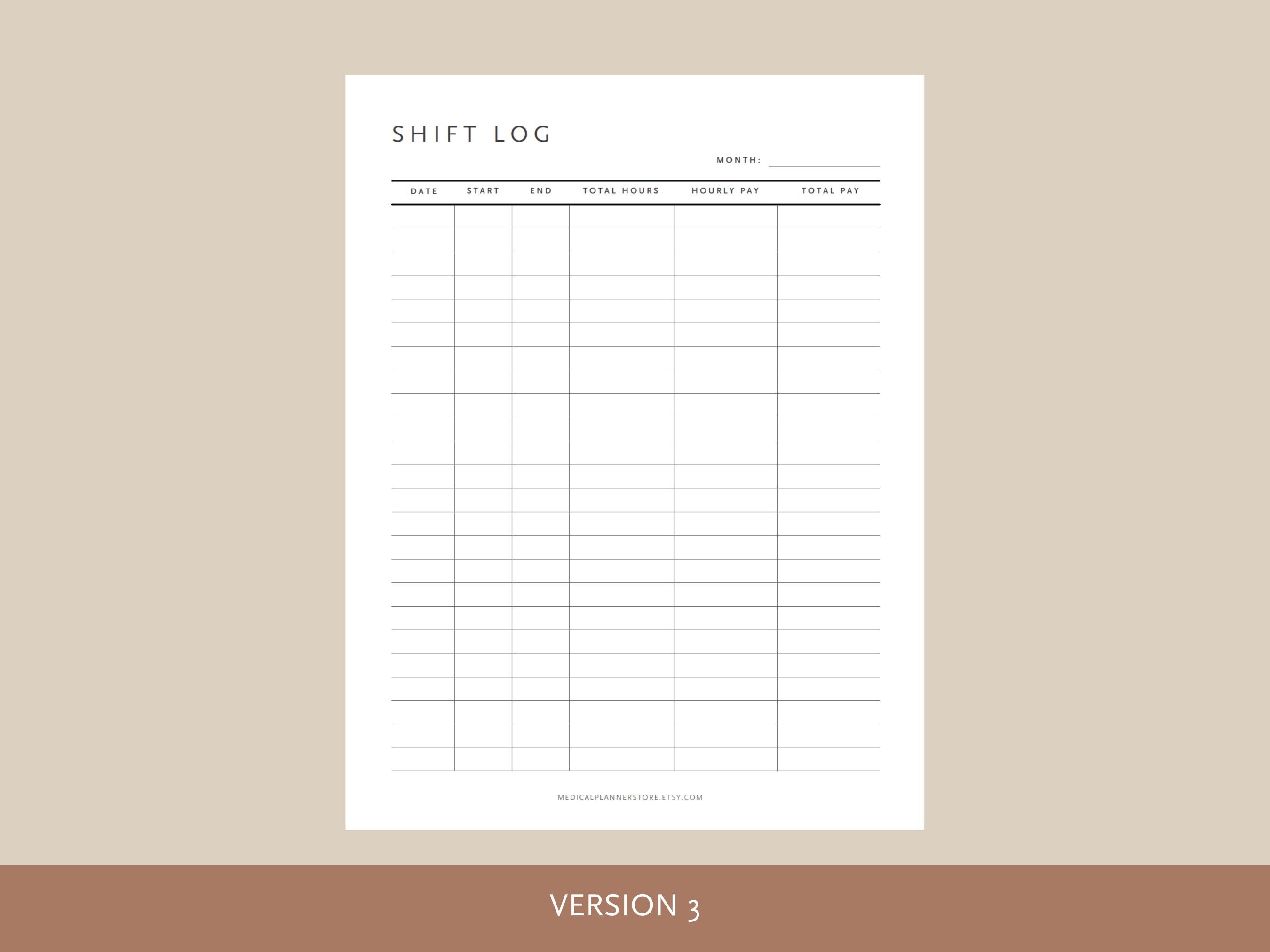 Shift Log Printable Template Nurse Doctor Work Schedule Tracker Work ...