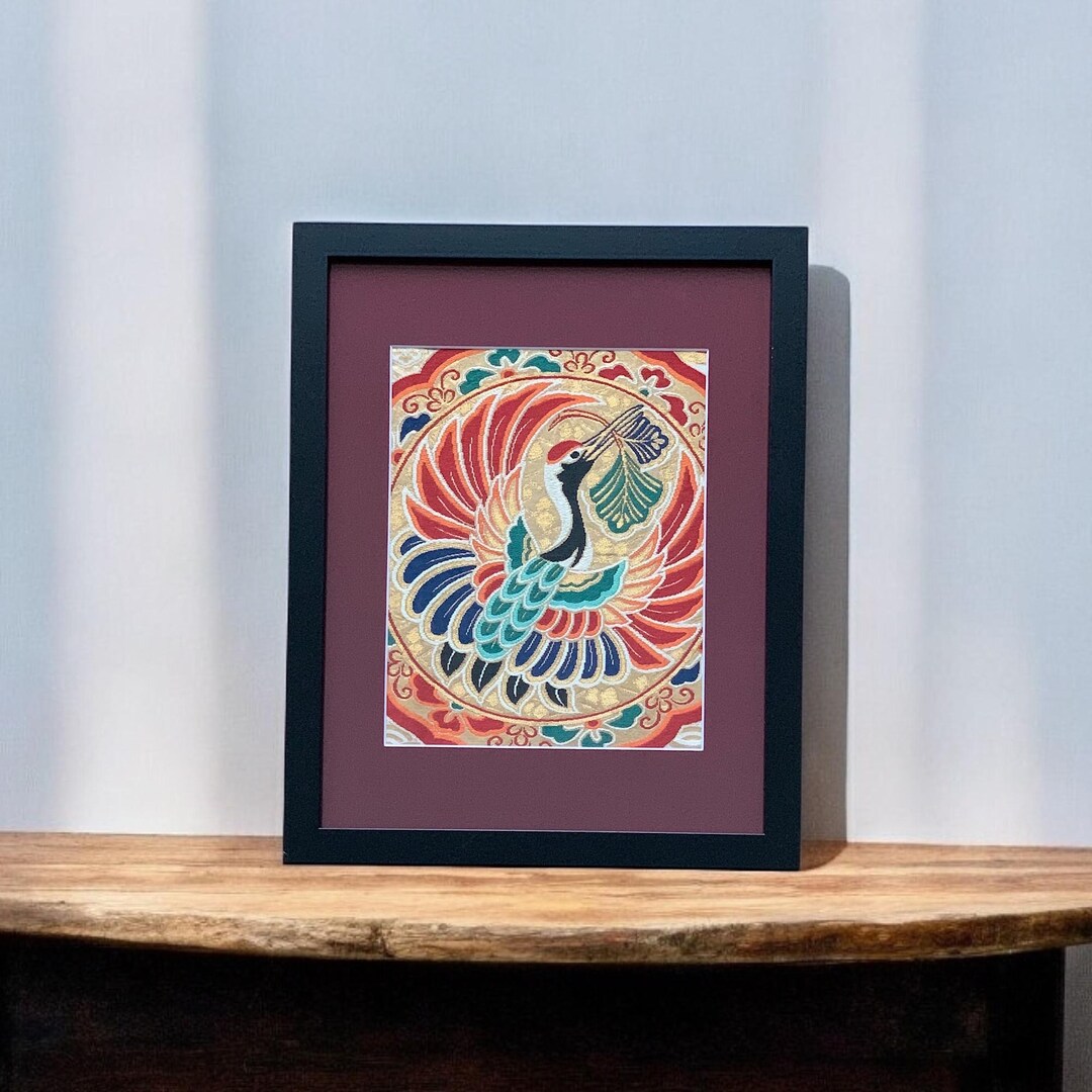 Framed Japanese Crane Obi Textile Art – Vintage Silk Artwork, 11×14 ...