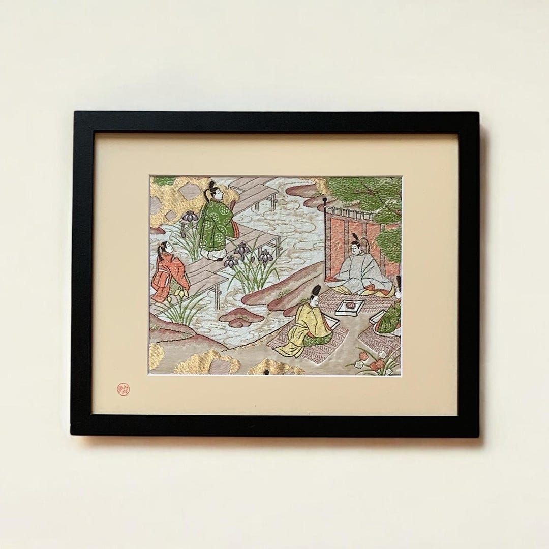 Framed Japanese Silk Art – Vintage Fukuro Obi Heian Court Scene, 14×11 ...