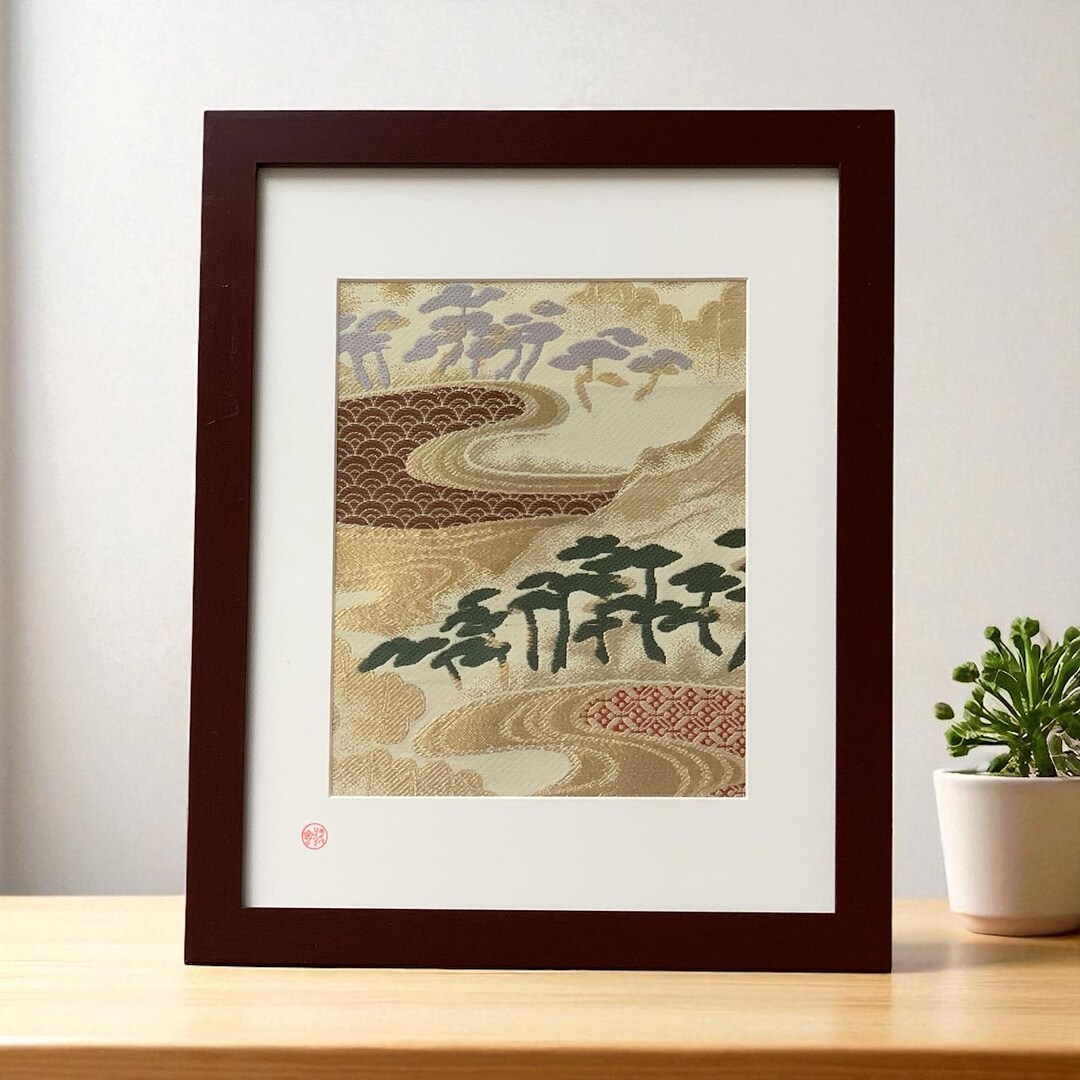 Framed Japanese Obi Textile Art – Vintage Silk Pine Tree Landscape, 11× ...