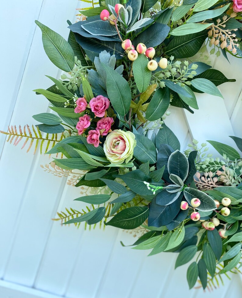 Spring Greenery Wreath With Pink Berries Summer Floral Wreath - Etsy
