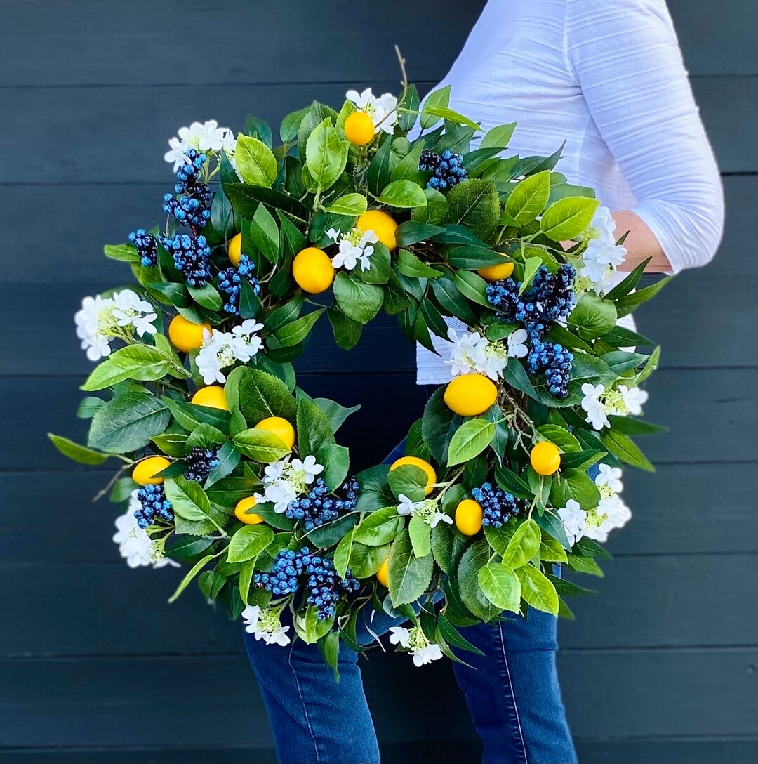 Lemon and Blueberry Wreath for Front Door, Blue and Yellow Summer ...