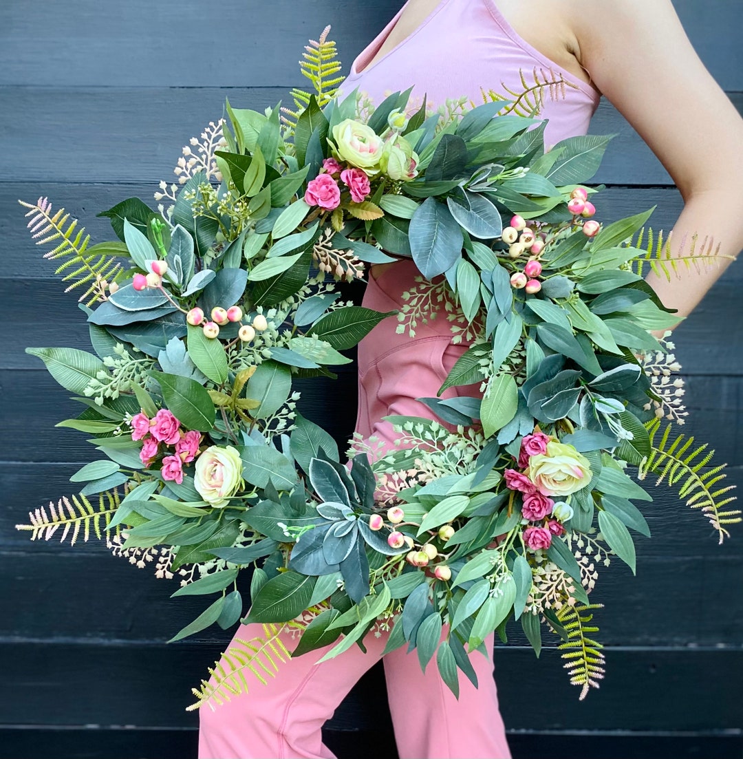 Spring Greenery Wreath With Pink Berries, Summer Floral Wreath for ...