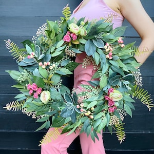 Spring Greenery Wreath With Pink Berries, Summer Floral Wreath for ...