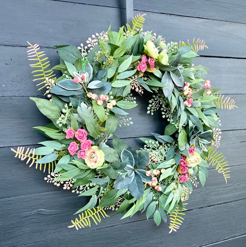 Spring Greenery Wreath With Pink Berries Summer Floral Wreath - Etsy