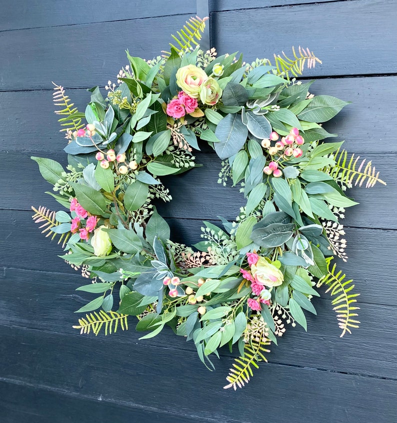Spring Greenery Wreath With Pink Berries Summer Floral Wreath - Etsy