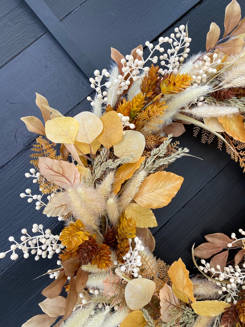 Harvest Gold Pampas Grass Wreath Fall Cream Berry and Bunny - Etsy