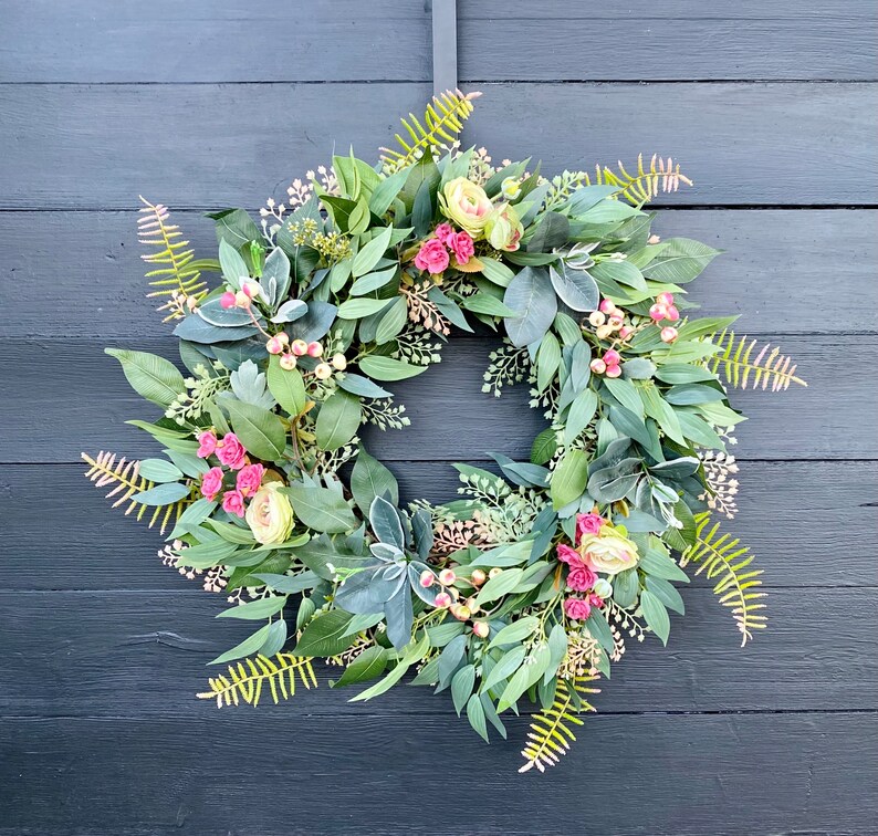 Spring Greenery Wreath With Pink Berries Summer Floral Wreath - Etsy