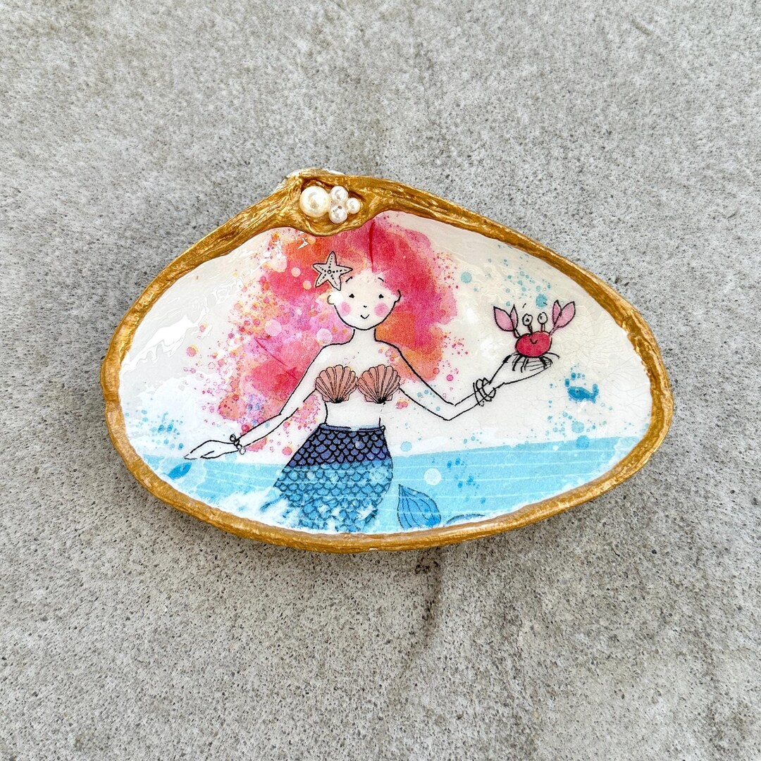 Mermaid Gift, Decoupage Clam Shell, Ring Dish, Jewelry Dish, Mermaid ...