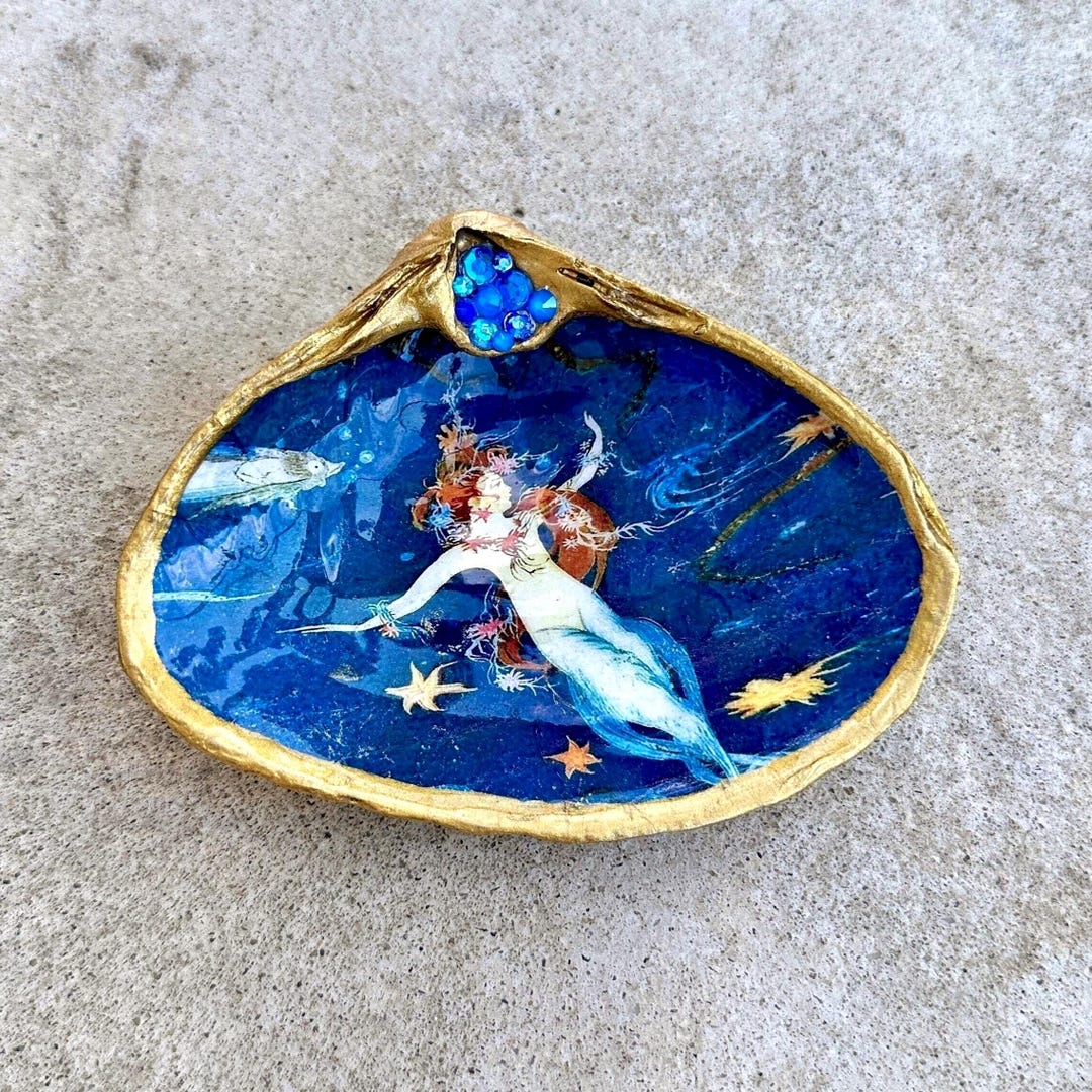 Mermaid Shell Ring Dish With Crystals: Blue Coastal Decor, Beach Gift ...