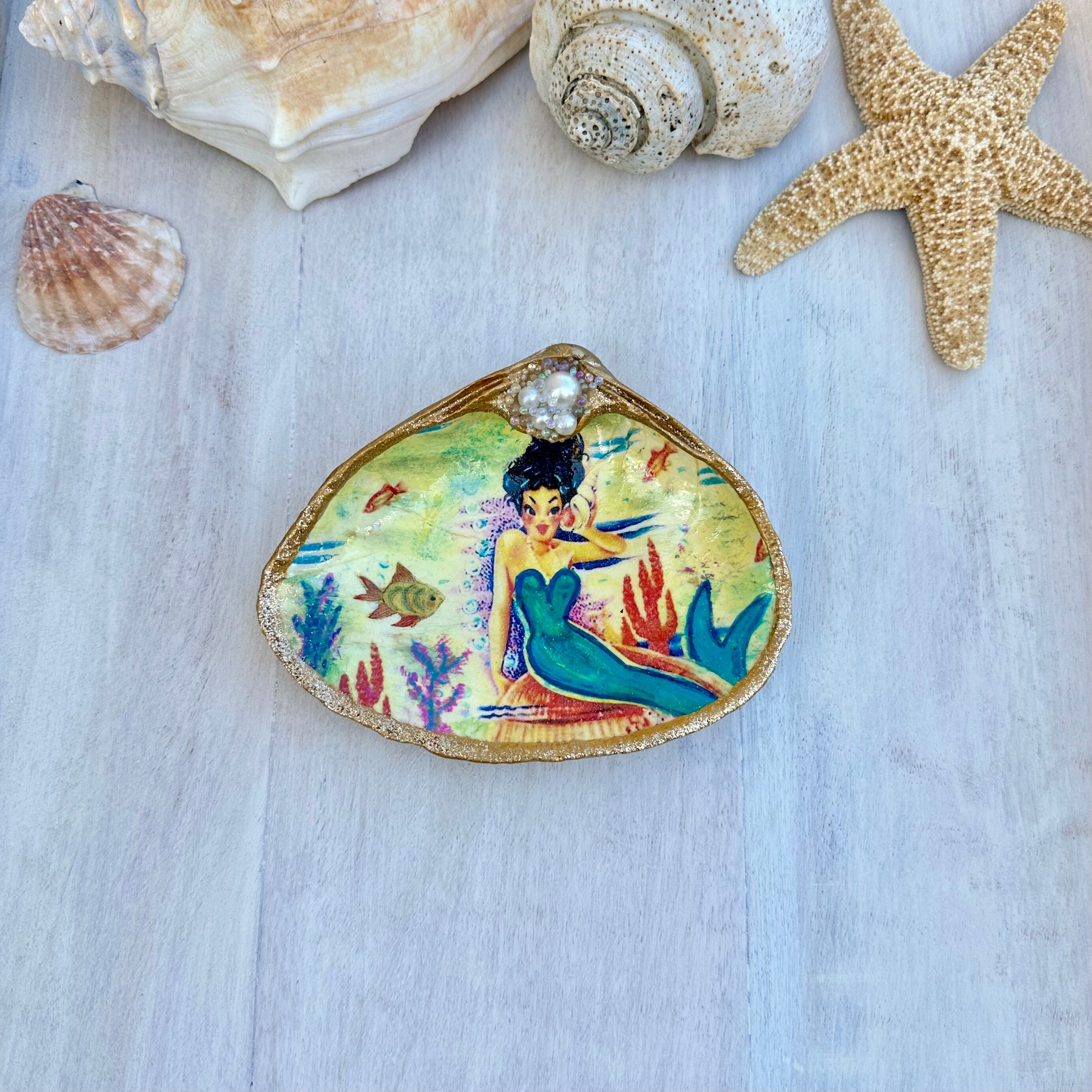 Vintage Mermaid, Decoupage Seashell, Mermaid Gift, Ring Dish, Pinup ...