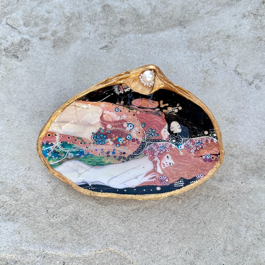 Water Serpents II, Gustav Klimt, Decoupage Seashell, Ring Dish, Coastal ...