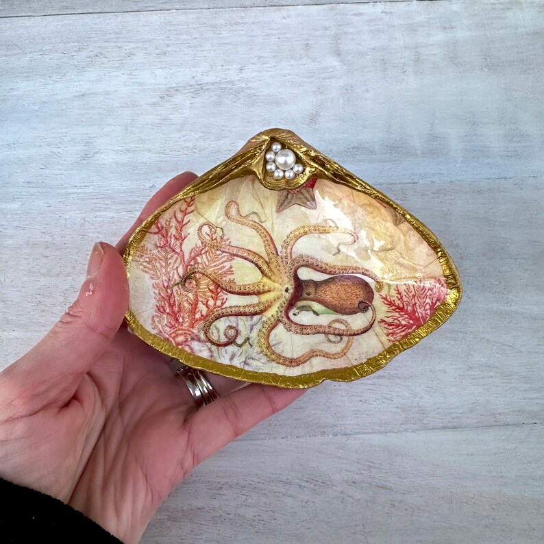 Vintage Octopus, Decoupage Seashell, Ring Dish, Octopus Gift, Jewelry ...