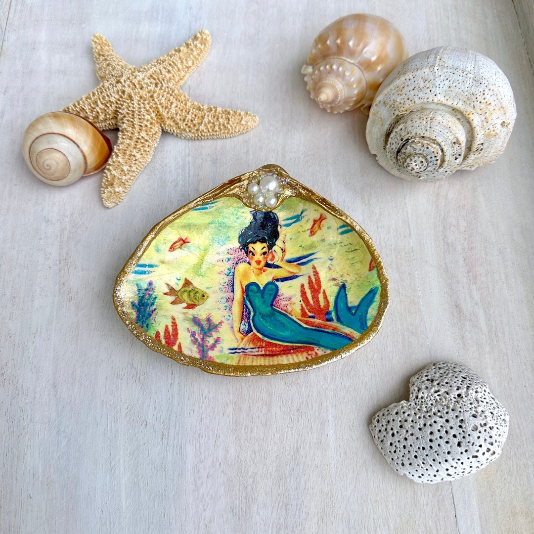 Vintage Mermaid, Decoupage Seashell, Mermaid Gift, Ring Dish, Pinup ...