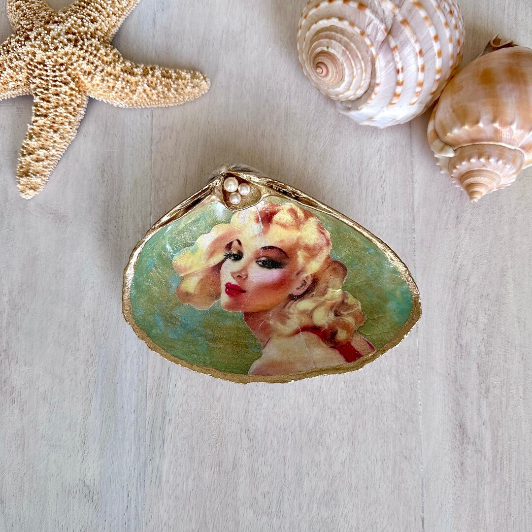 Vintage Blonde Bombshell, Decoupage Seashell, Ring Dish, Trinket Dish ...