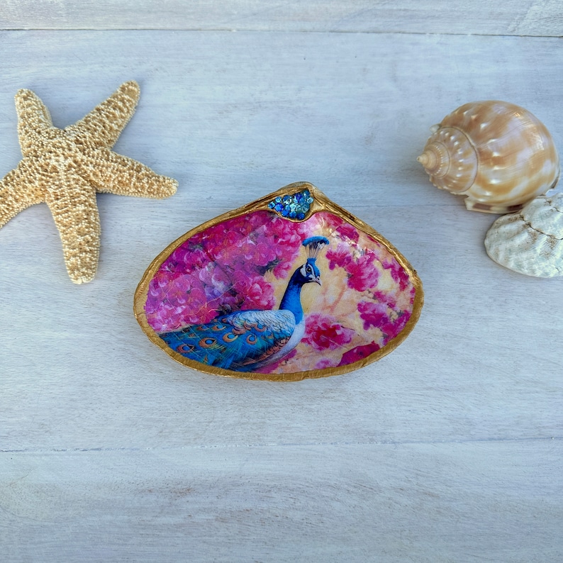Vintage Peacock, Pink Cherry Blossoms, Decoupage Seashell, Peacock Gift ...