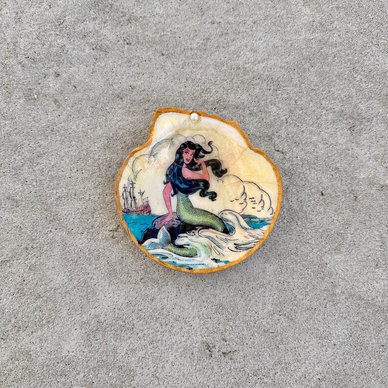 Vintage Mermaid, Pin up Girl, Decoupage Seashell, Ring Dish, Coastal ...