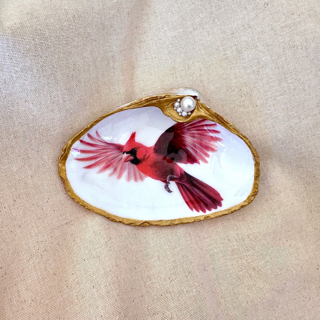 Cardinal Bird, Red Cardinal Art, Decoupage Shell, Jewelry Dish ...