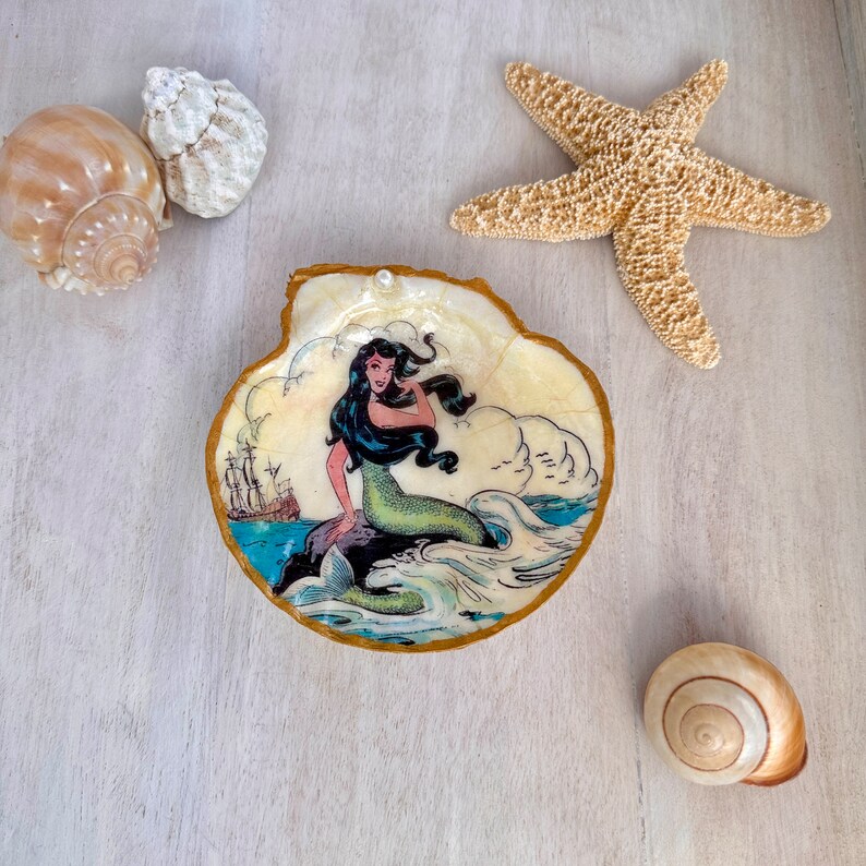 Vintage Mermaid, Pin up Girl, Decoupage Seashell, Ring Dish, Coastal ...
