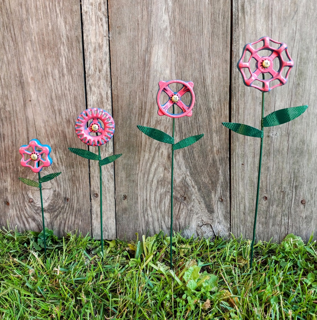 Upcycled Faucet Handle Flowers, Yard Art, Home Decor, Dark Pink & Blue ...
