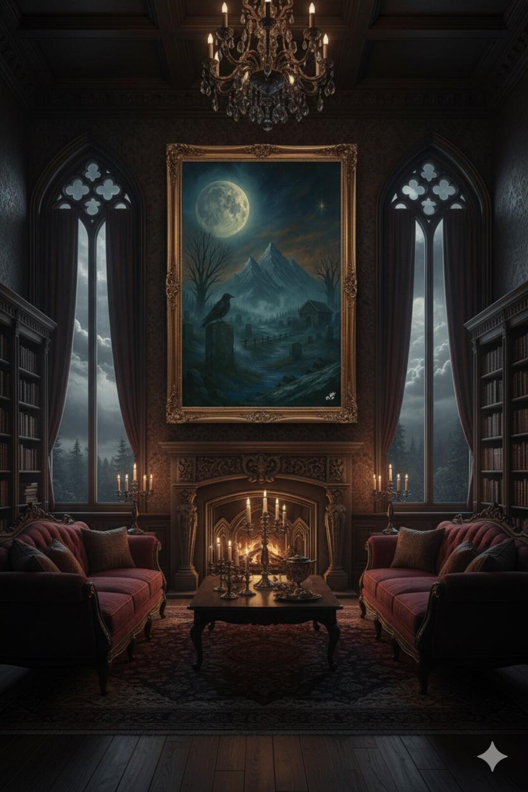 Raven Cemetery Full Moon Digital Wall Art Print Gothic Spooky Halloween ...