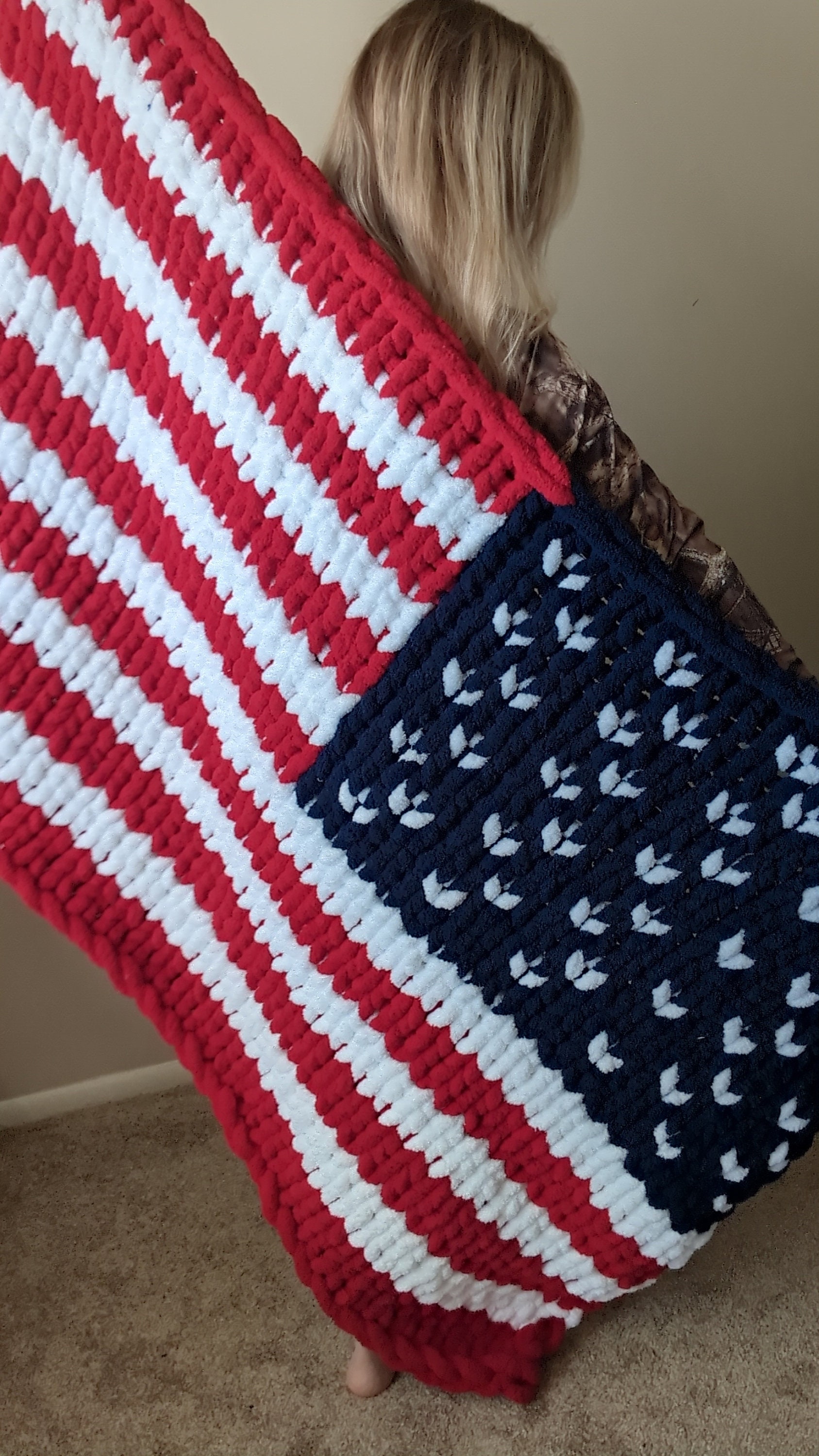 Chunky Knit American Flag Blanket: Handknit Patriotic Decor, Red, White ...