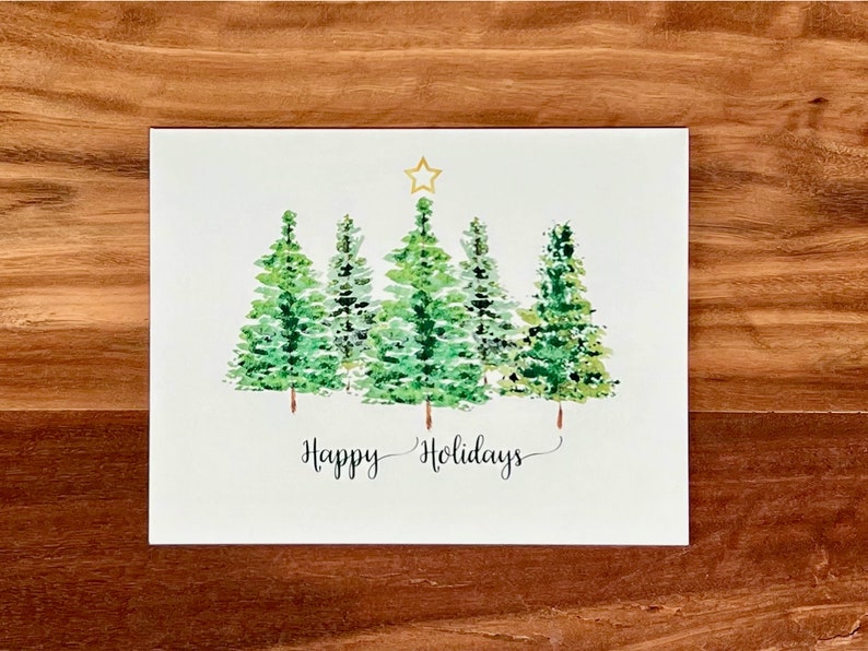 Happy Holidays Watercolor Pine Tree Cards Set of 5 or 10 - Etsy
