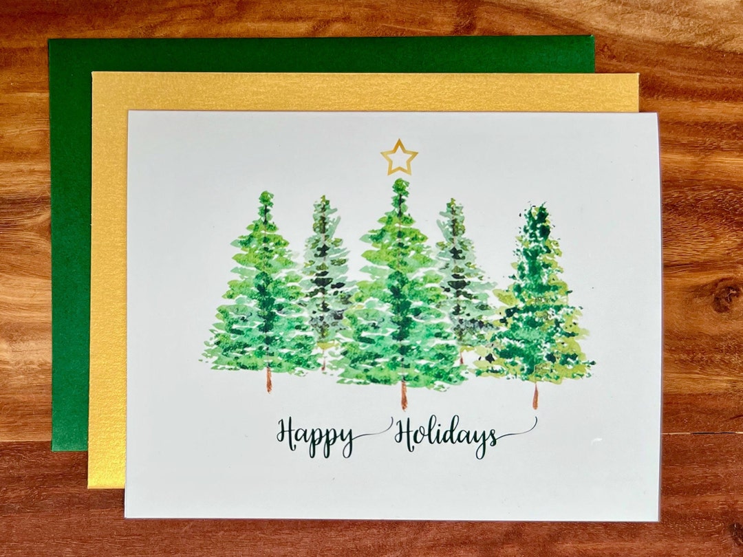 Happy Holidays Watercolor Pine Tree Cards Set of 5 or 10 - Etsy