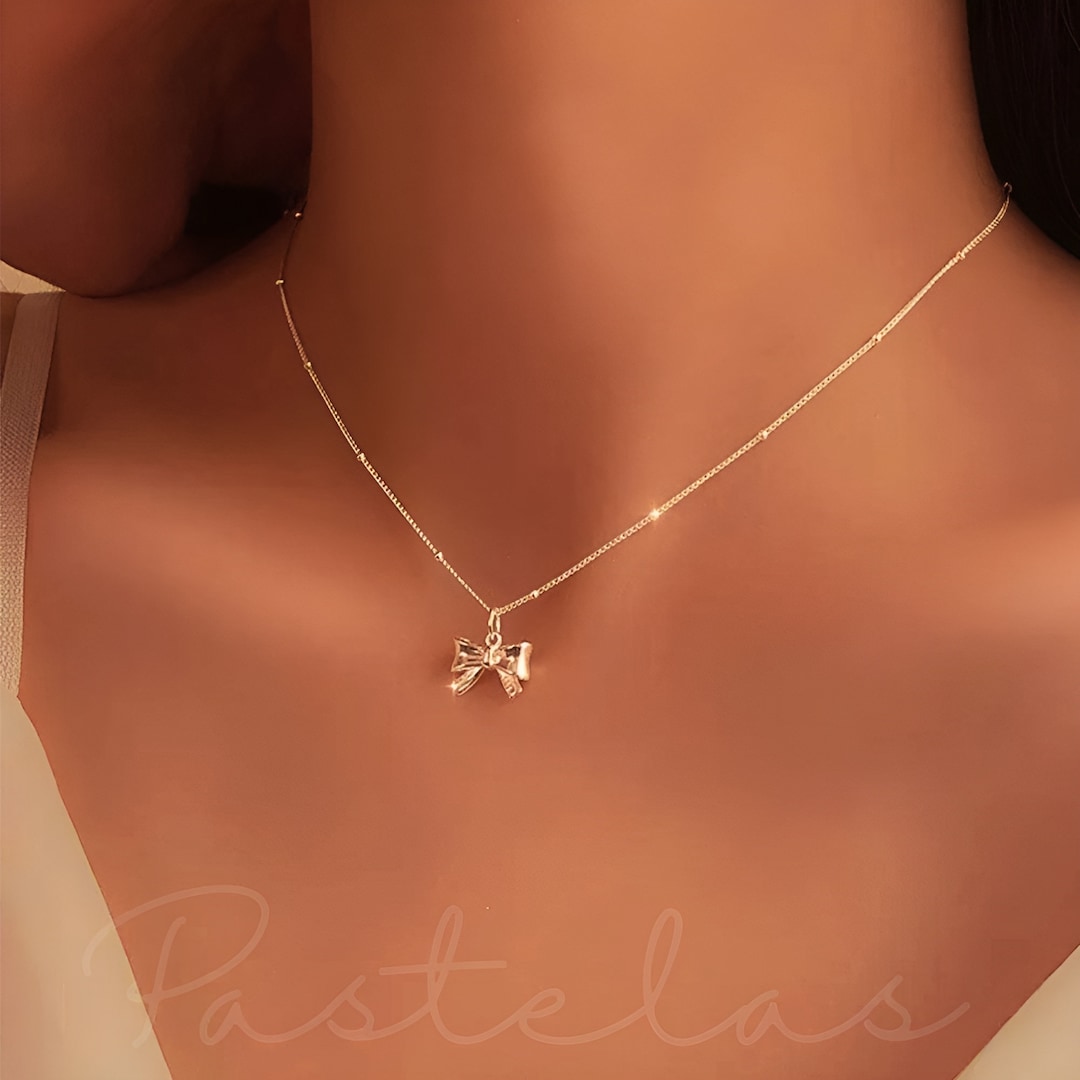 Bow Necklace, Sterling Silver Bow Necklace, Dainty Necklace, Silver Pendant Necklace, Bow ...