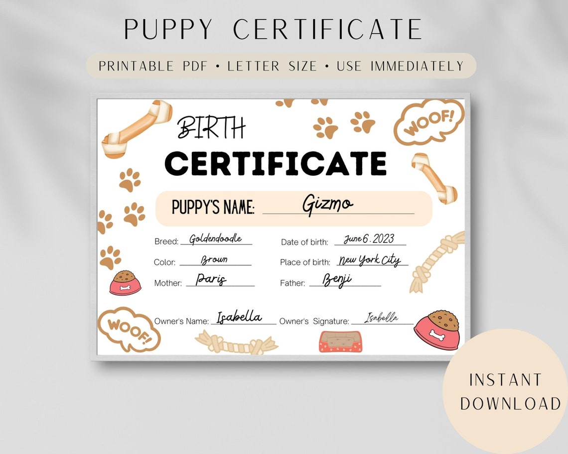 Pet Birth Certificate Puppy Birth Certificate Dog Certificate Printable ...