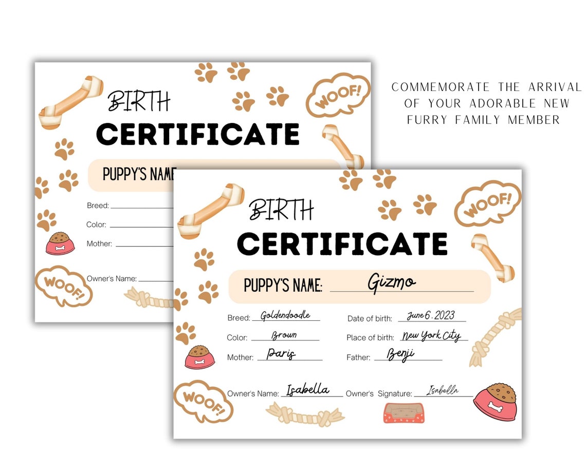 Pet Birth Certificate Puppy Birth Certificate Dog Certificate Printable ...