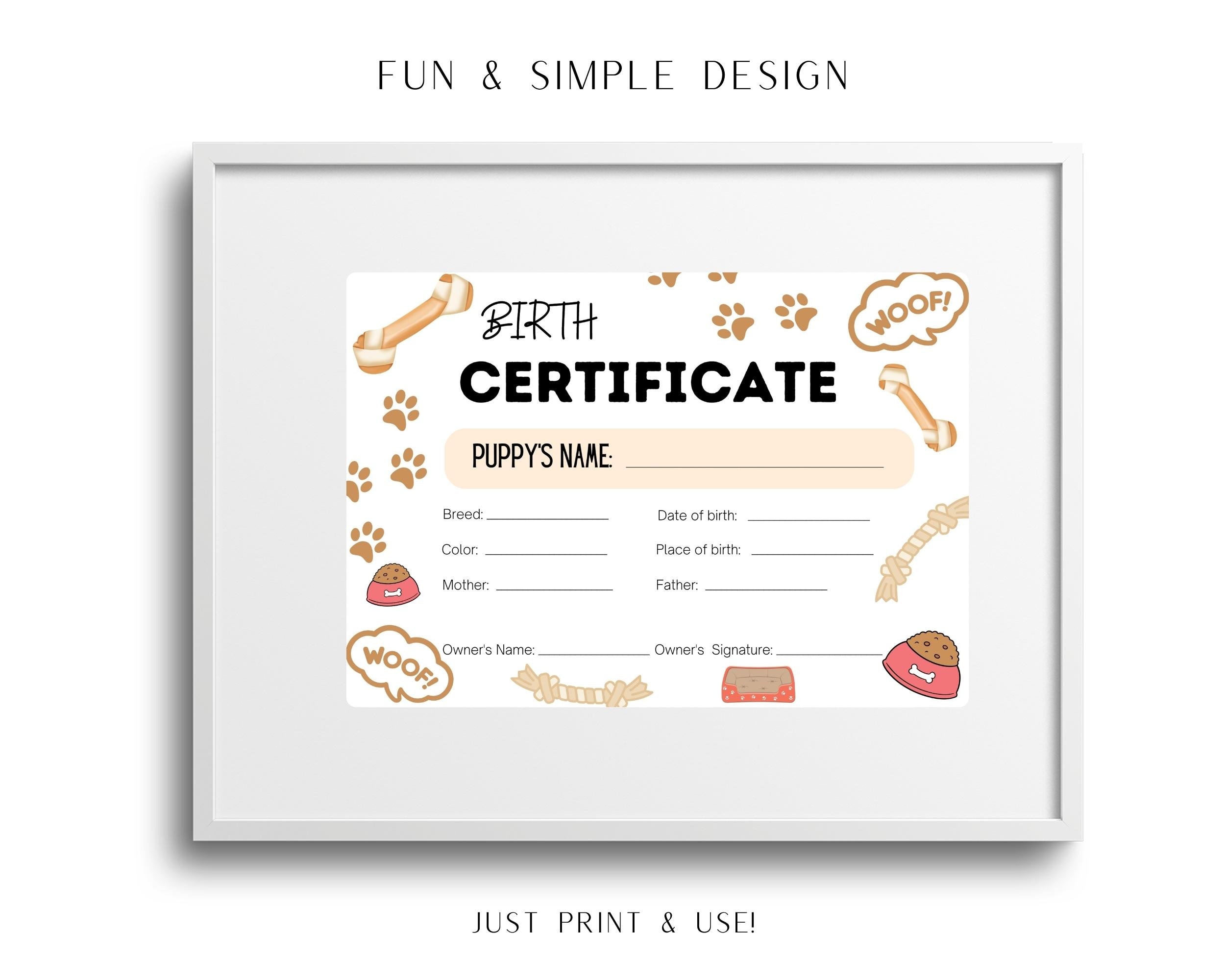 Pet Birth Certificate Puppy Birth Certificate Dog Certificate Printable ...