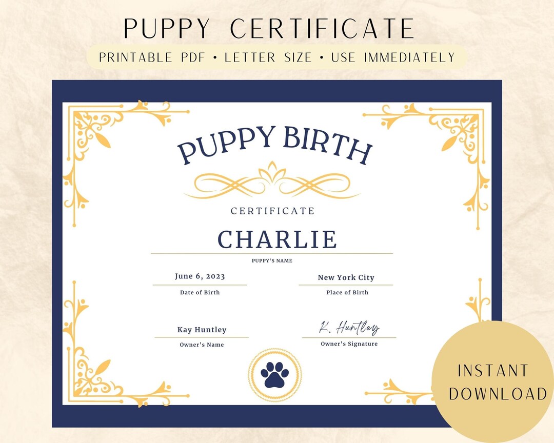 Pet Birth Certificate Puppy Birth Certificate Dog Certificate Printable ...