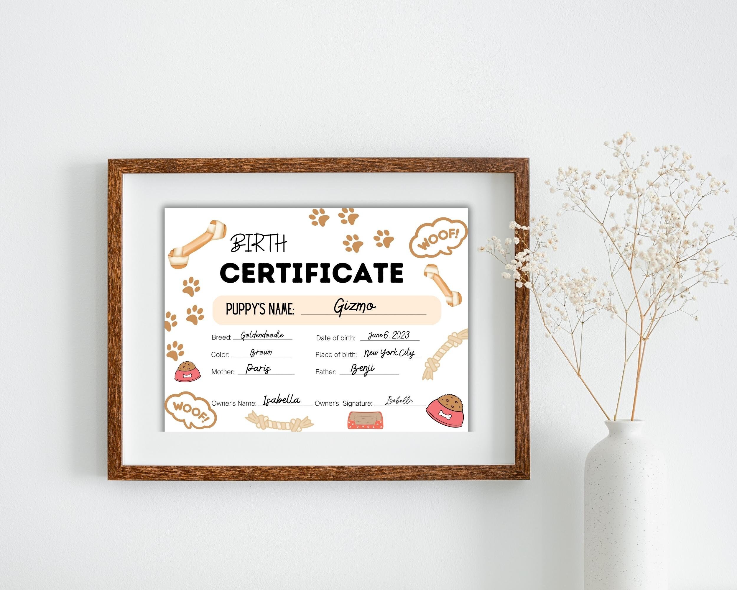 Pet Birth Certificate Puppy Birth Certificate Dog Certificate Printable ...