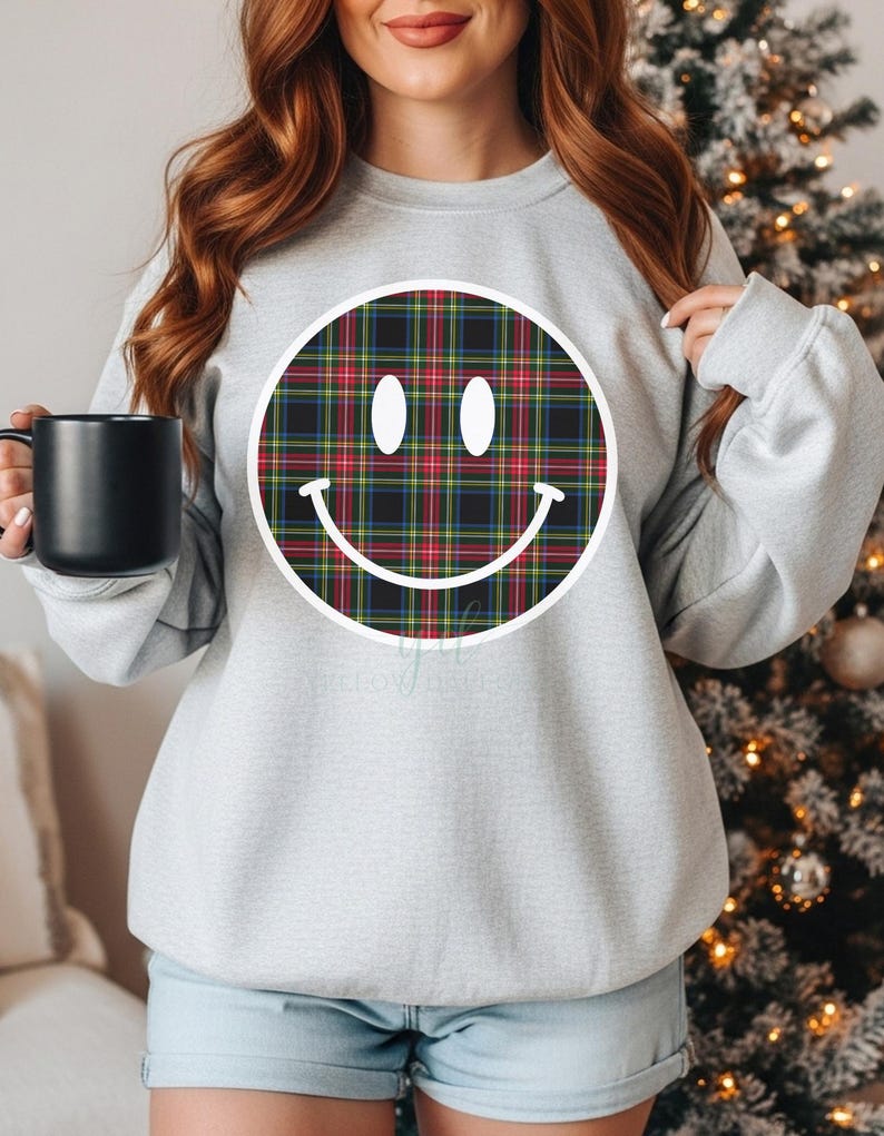 Christmas Plaid Smile, Plaid Smiley Face PNG, Preppy Christmas PNG ...
