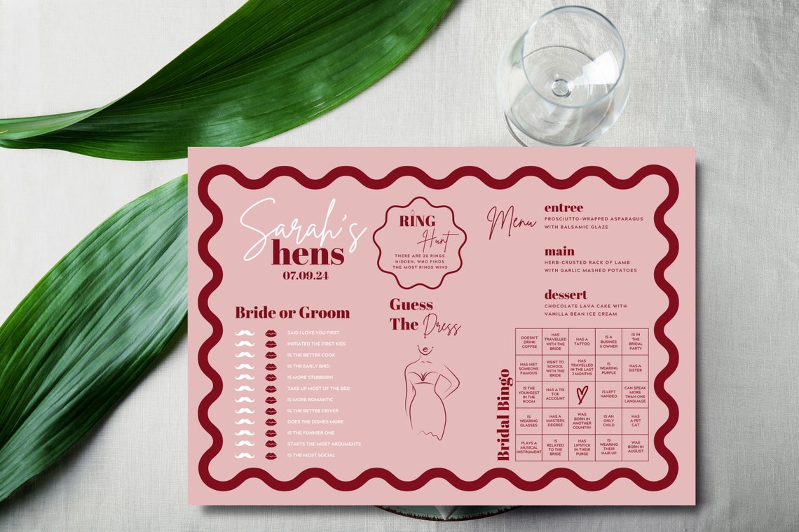 Menu Placemat Template | Bridal Shower Games | Hens Games | Hens Menu ...
