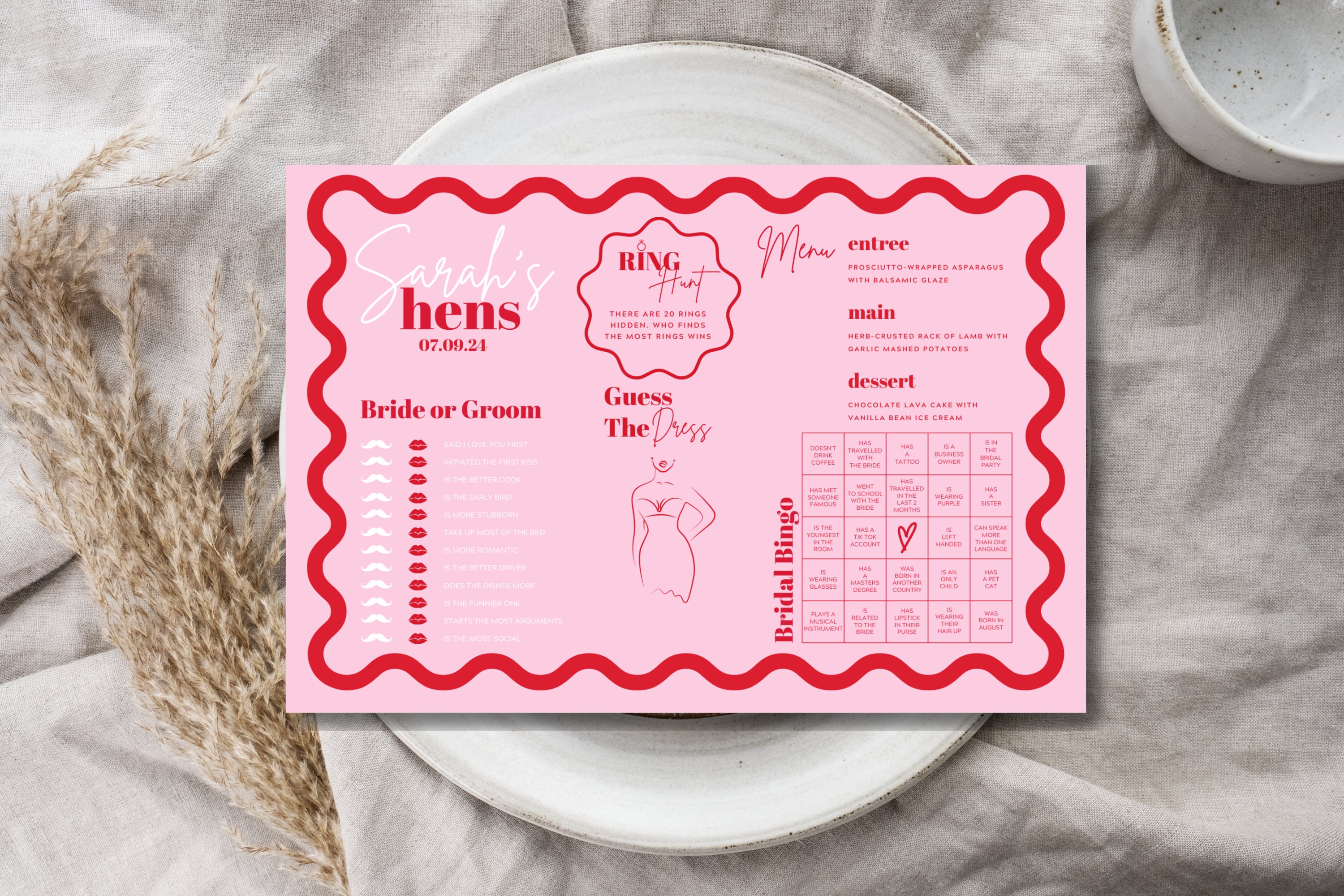 Menu Placemat Template | Bridal Shower Games | Hens Games | Hens Menu ...