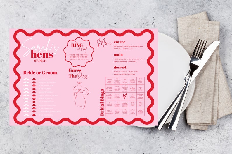 Menu Placemat Template | Bridal Shower Games | Hens Games | Hens Menu ...