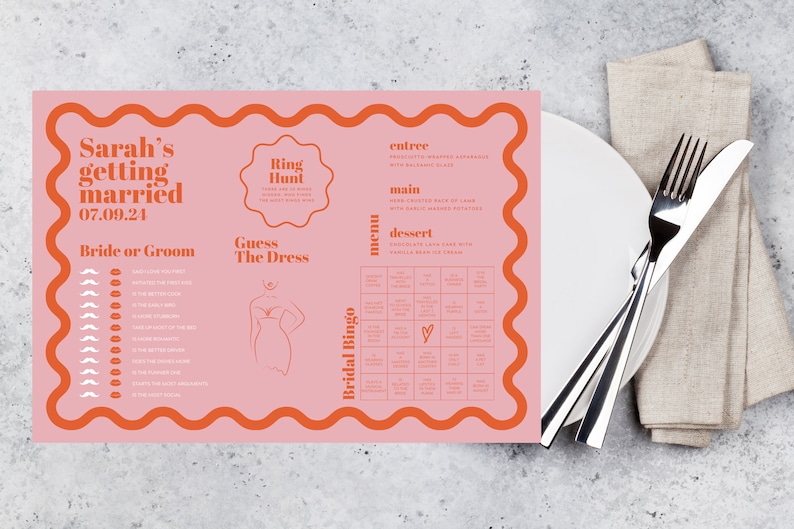 Bridal Shower Menu Placemat Template | Hen Party Games & Decor ...