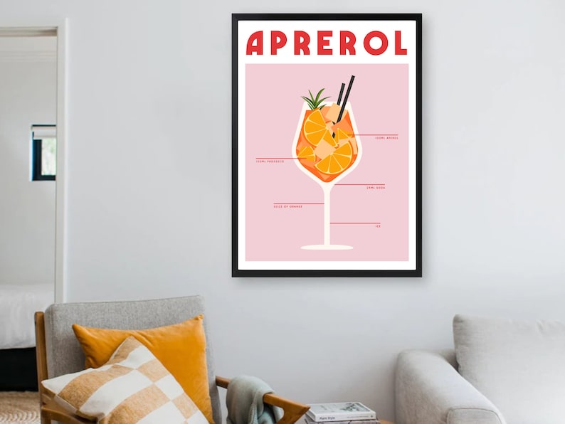 Retro Aperol Spritz Cocktail Poster: Modern Kitchen Bar Wall Art Print ...