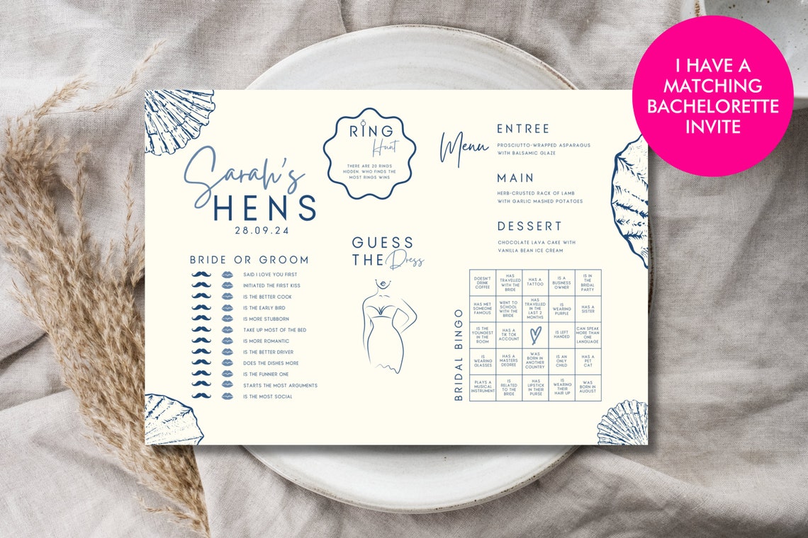 Menu Placemat Template | Bridal Shower Games | Hens Games | Hens Menu ...