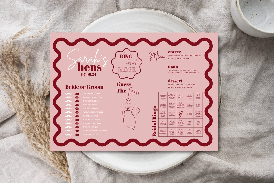 Menu Placemat Template | Bridal Shower Games | Hens Games | Hens Menu ...
