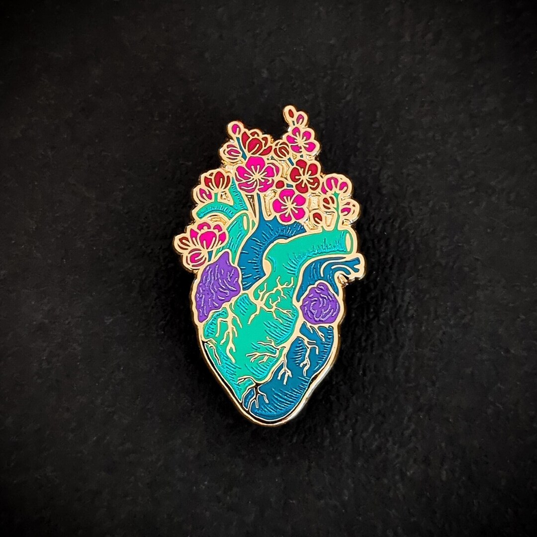 Anatomical Heart With Flowers Enamel Pin, Hard Enamel Badge, Realistic ...